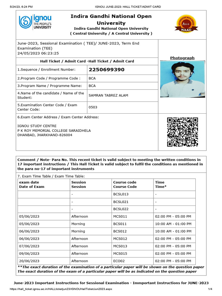 IGNOU June 2023 Admit Card Details | PDF | Computing