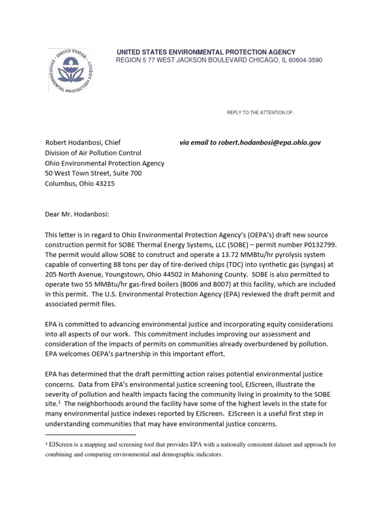 Sobe Thermal Energy Systems LLC p0132799 Permit Comment Letter ...