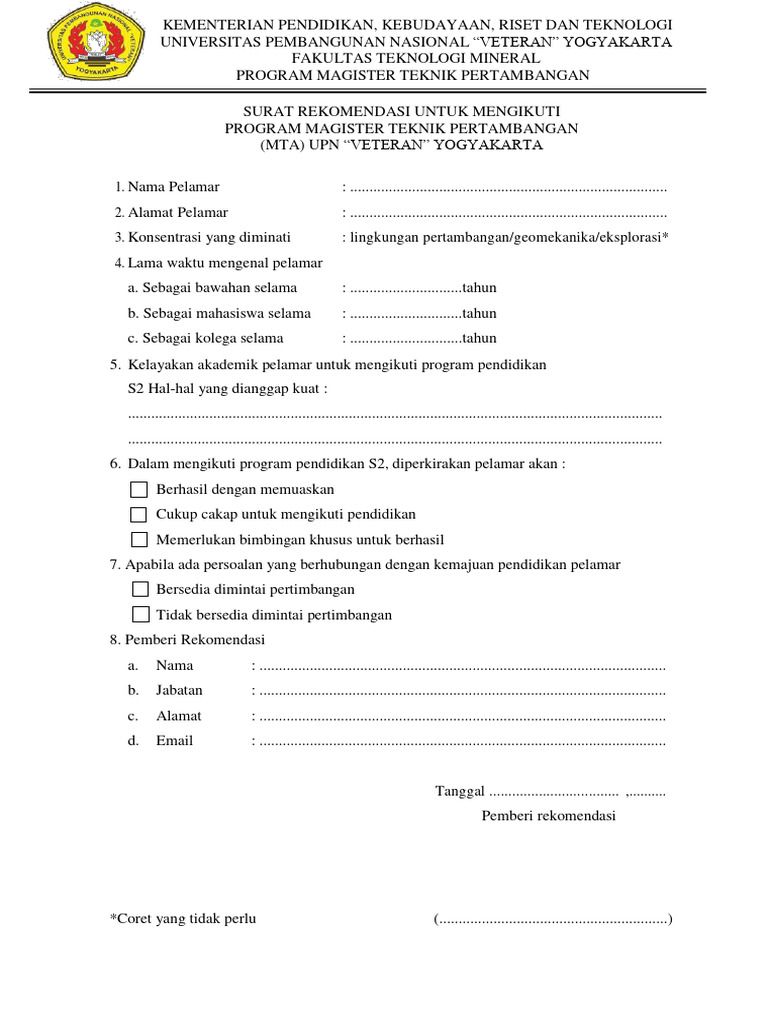Form Surat Rekomendasi PMBMTA | PDF