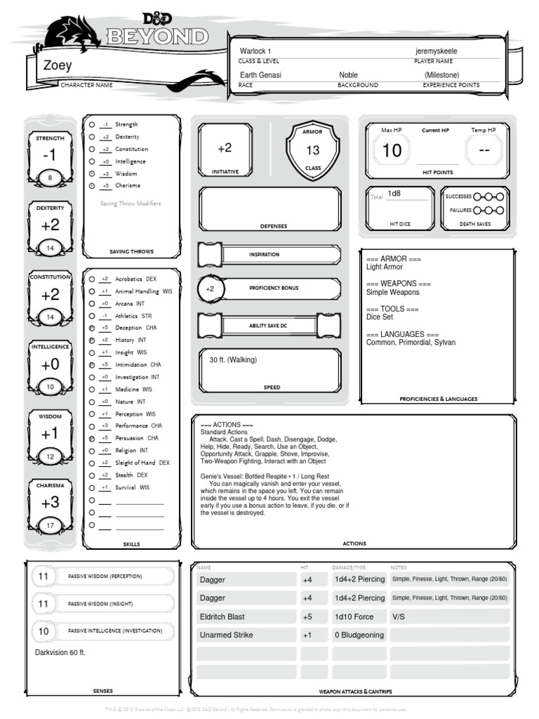 Level One Genie Warlock Character Sheet | PDF | Wizards Of The Coast ...