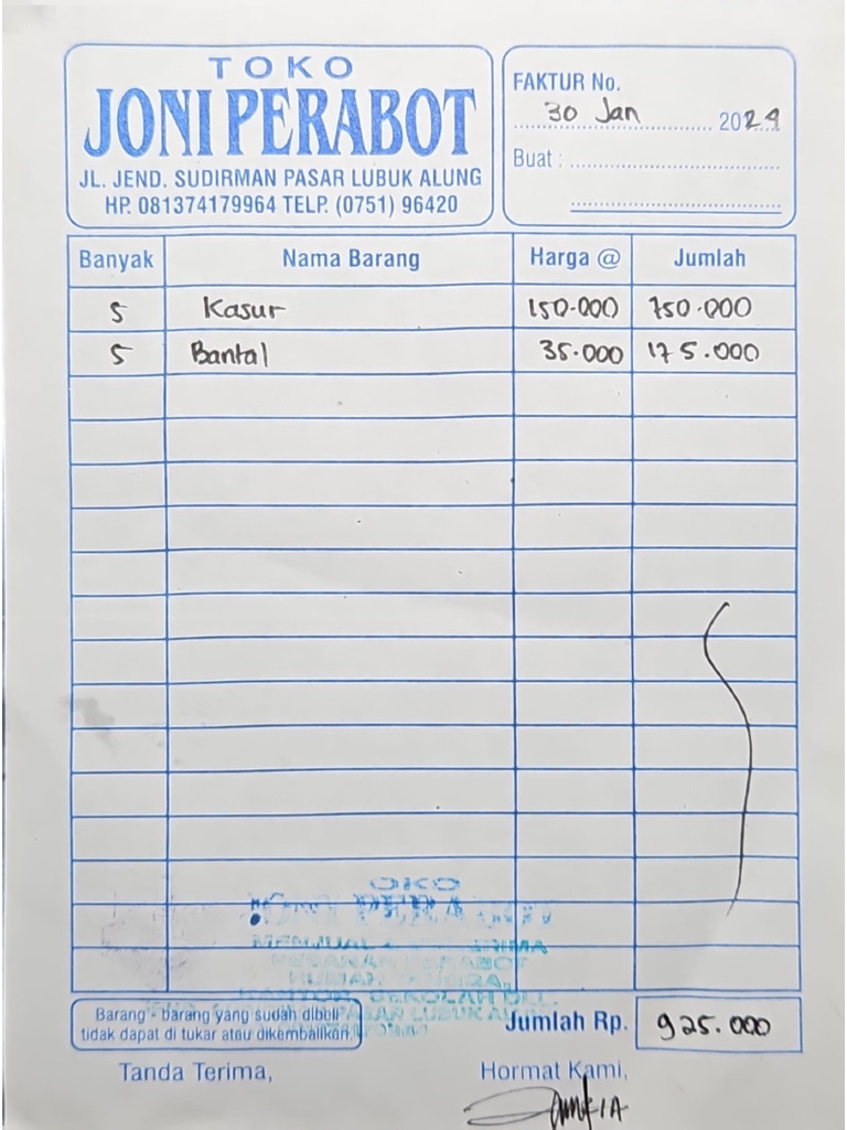 30-01-2024 Nota Toko Joni Perabot (5 BH Kasur & 5 BH Bantal), TGL | PDF