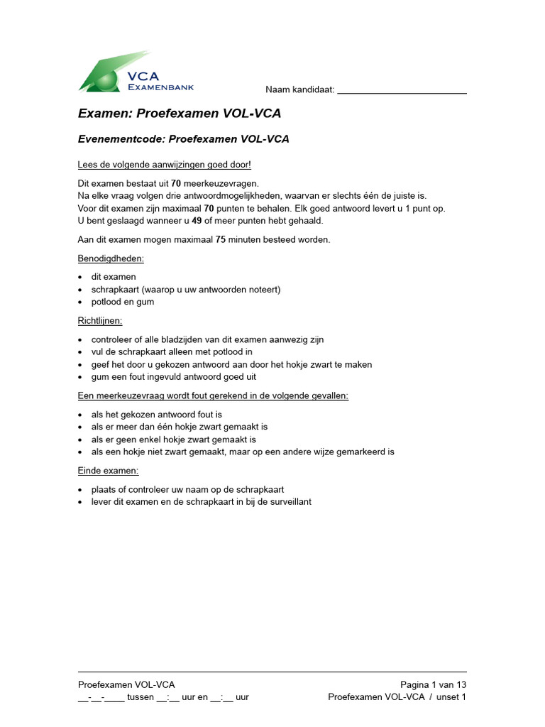 Proefexamen VOL VCA NL | PDF