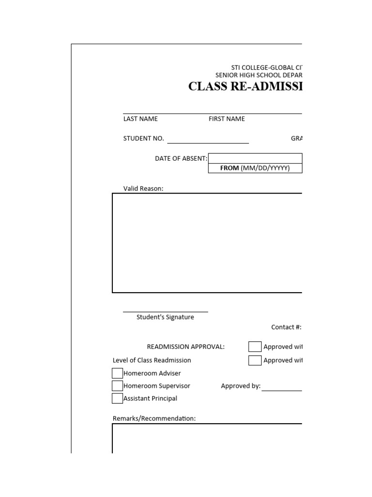 Class Re-Admission Slip Guidelines | PDF