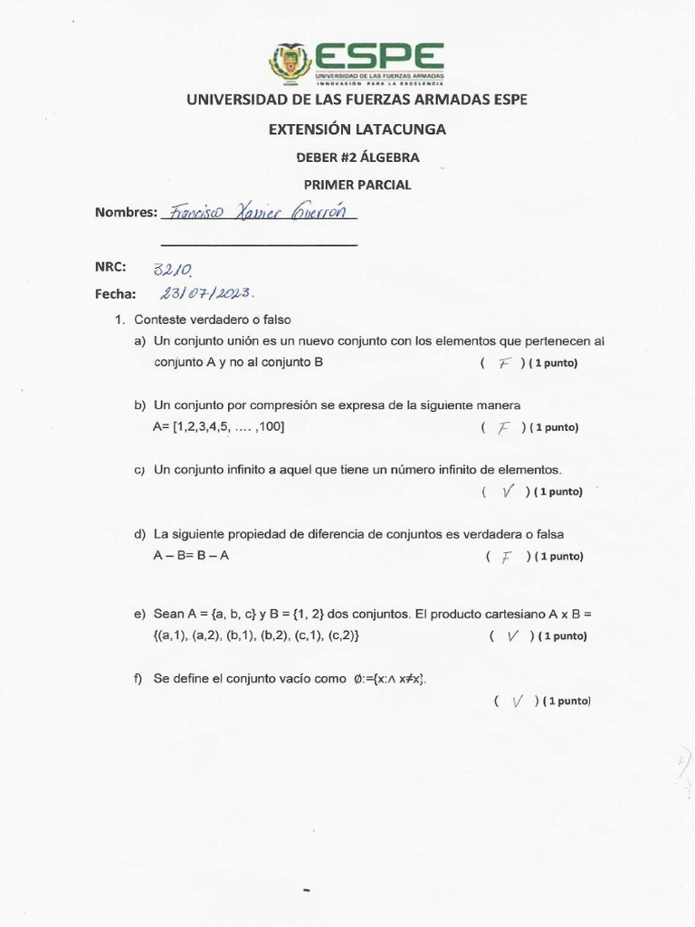 Guerron Francisco Xavier Deber 2 Algebra 3210 | PDF