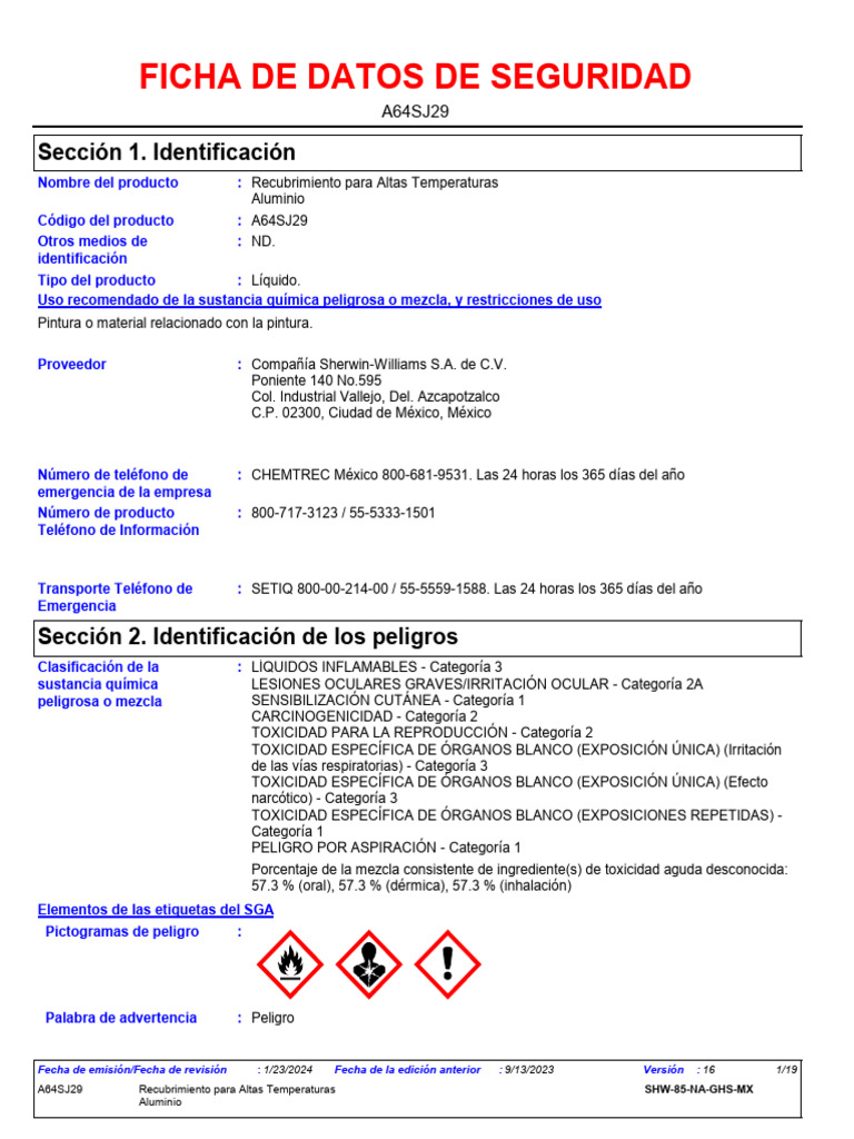 FDS Recubrimiento Altas Temperaturas Sherwin Williams | PDF | Toxicología | Toxicidad