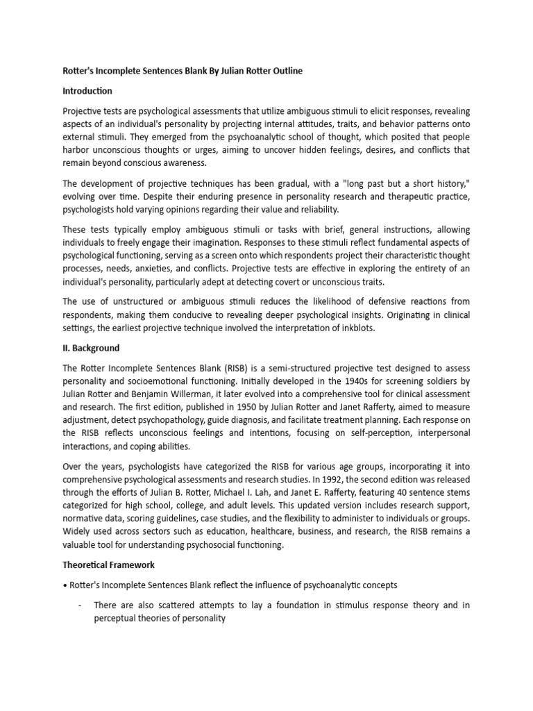Rotters Incomplete Sentences Blank by Julian Rotter Outline | PDF ...
