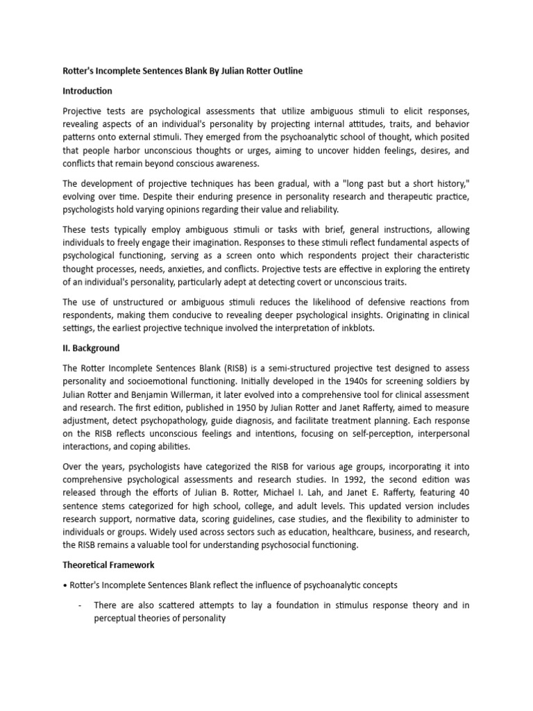 Rotters Incomplete Sentences Blank by Julian Rotter Outline | PDF ... Rotters Incomplete Sentences Blank by Julian Rotter Outline | PDF ...