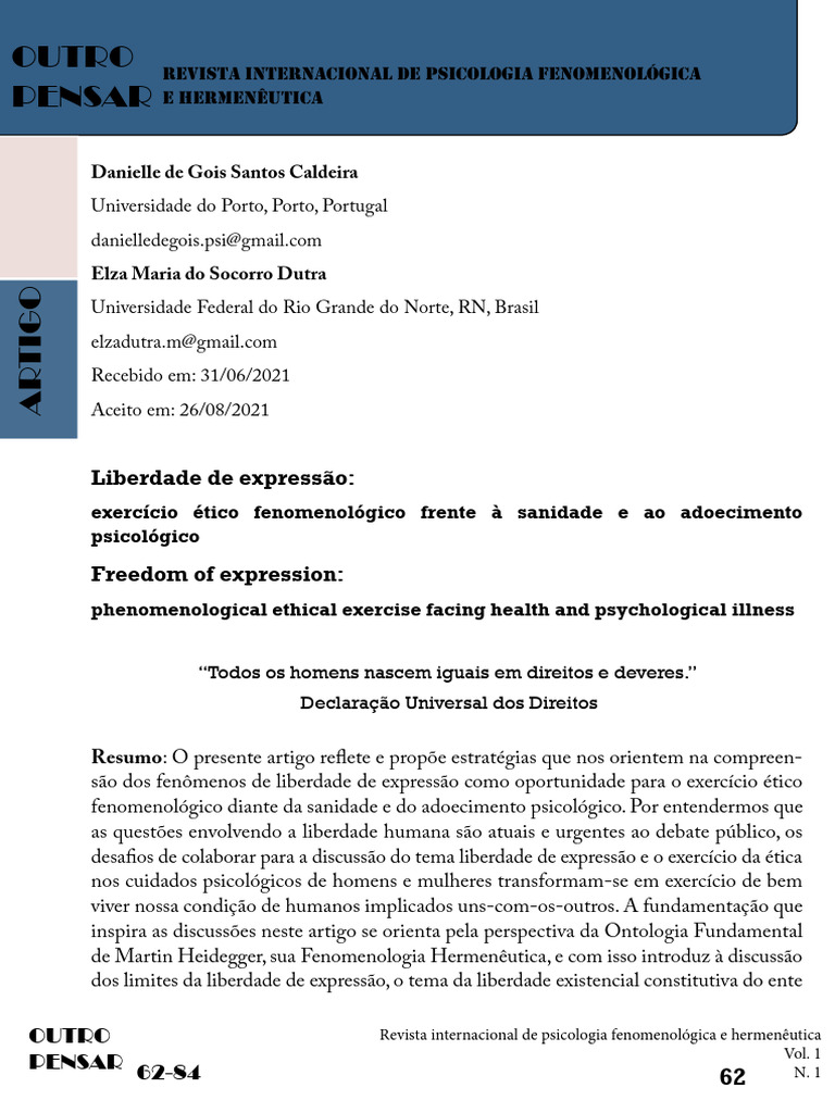 Liberdade de Expressão - Exercício Ético Fenomenológico Frente à Sanidade e Ao Adoecimento ...