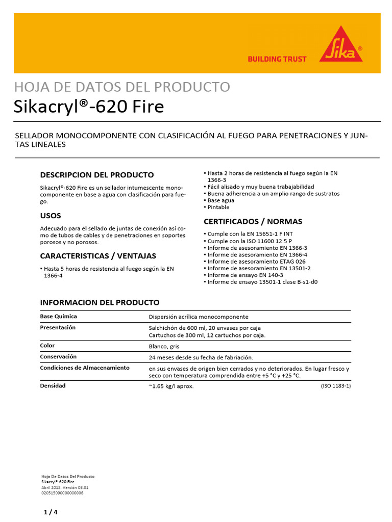 1235hoja Tecnica Sikacryl 620 Fire | PDF | Materiales | Ciencias fisicas