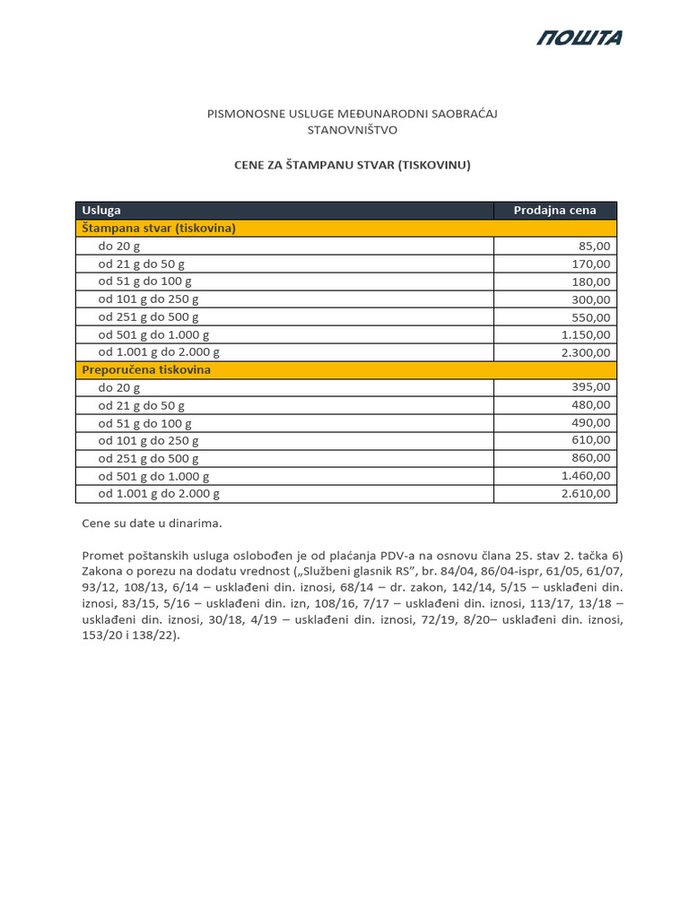 Posta Cenovnik | PDF