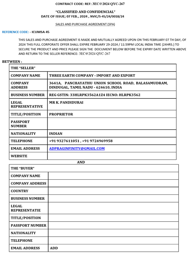 Spa Format | PDF | Letter Of Credit | Arbitration