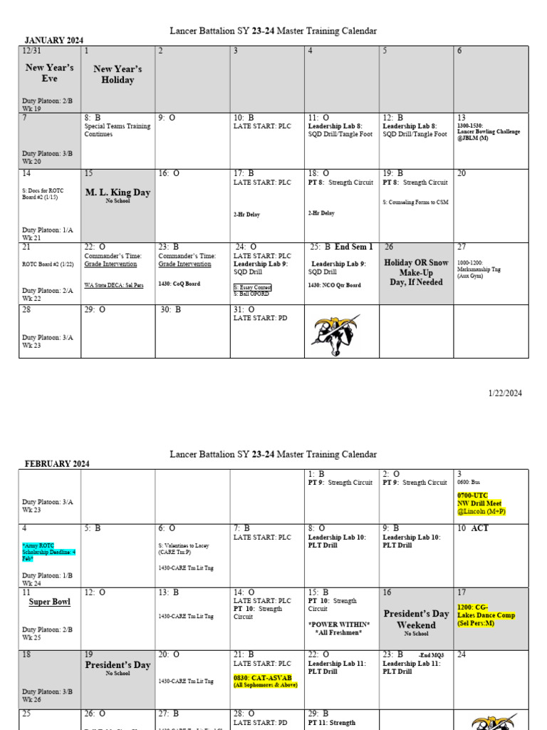 Calendar - Lancer Battalion Sy23-24 240122 | PDF | Reserve Officers ...