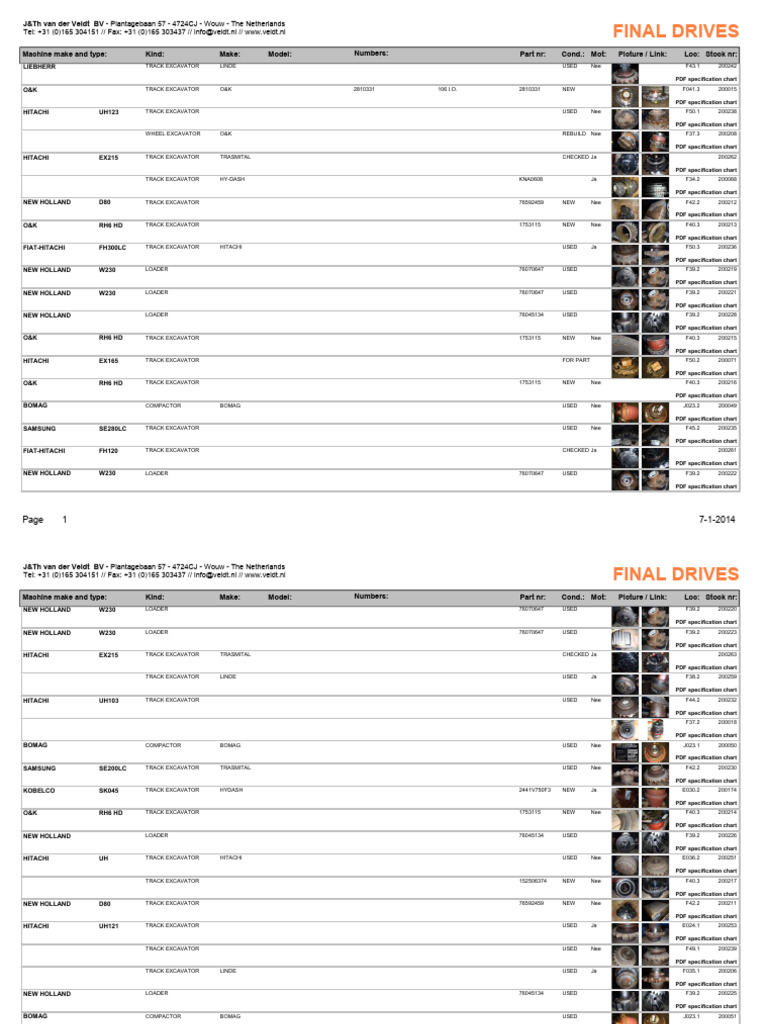 Final Drives and Excavator Parts List | PDF | Engineering ...