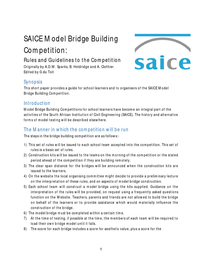 SAICE Bridge Building Competition Rules | PDF | Bridge | Adhesive