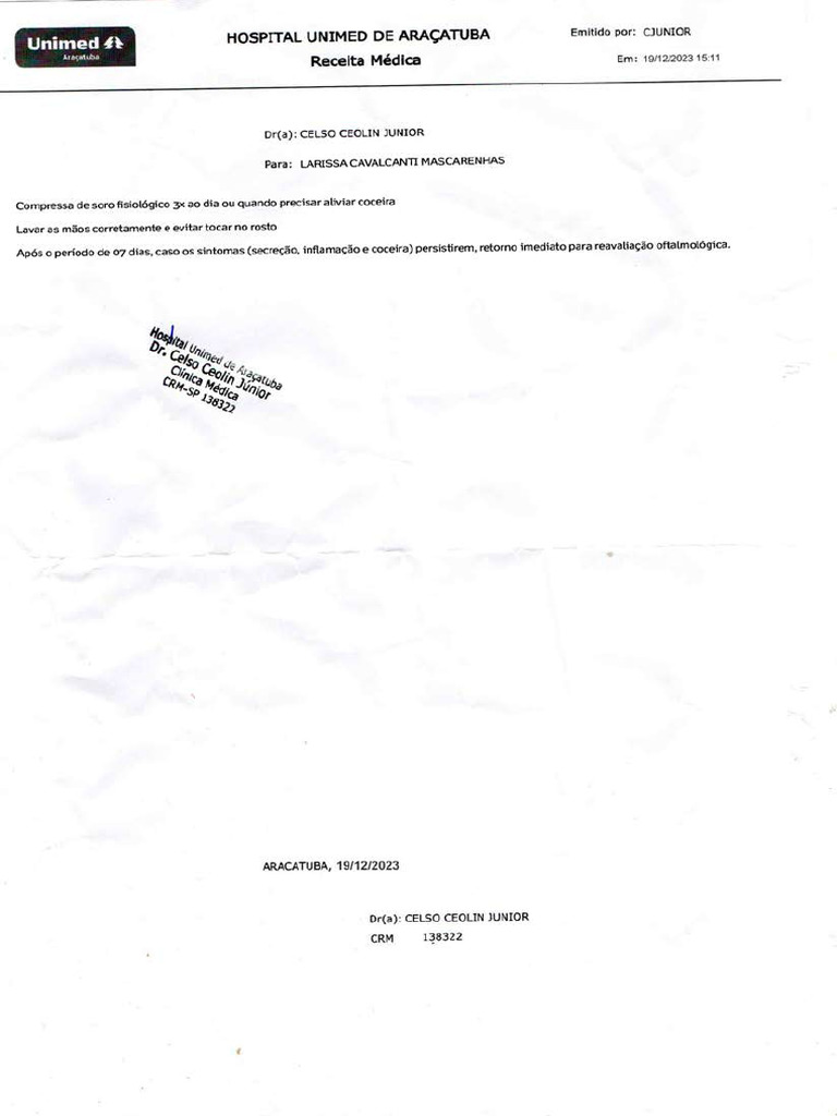 Receita Digitalizado Paciente Larissa Mascarenhas Unimed | PDF