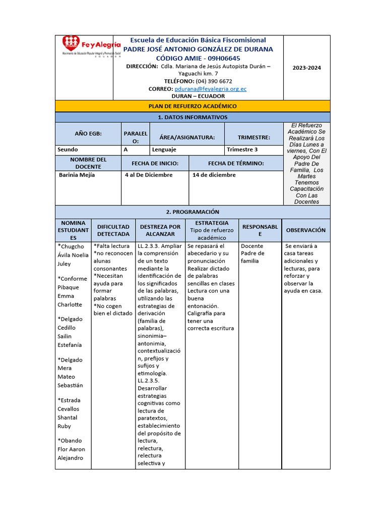 PLANIFICACION DE REFUERZO SEGUNDO(1) | PDF | Comunicación humana