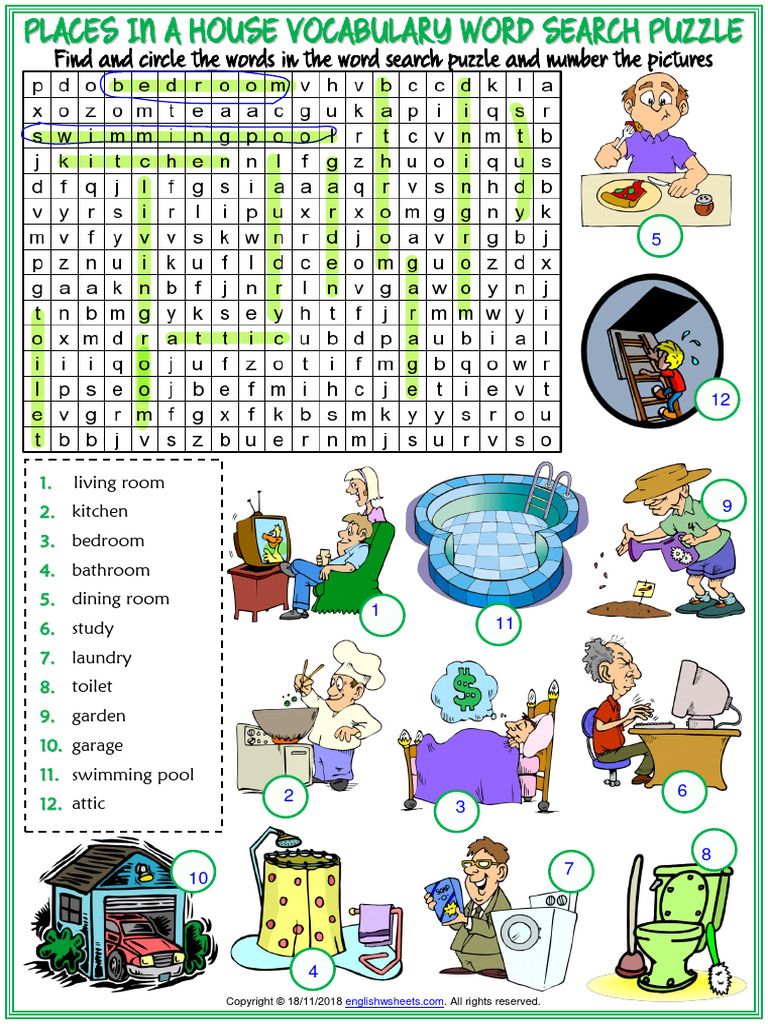 Places in A House Vocabulary Esl Word Search Puzzle Worksheet For Kids ...