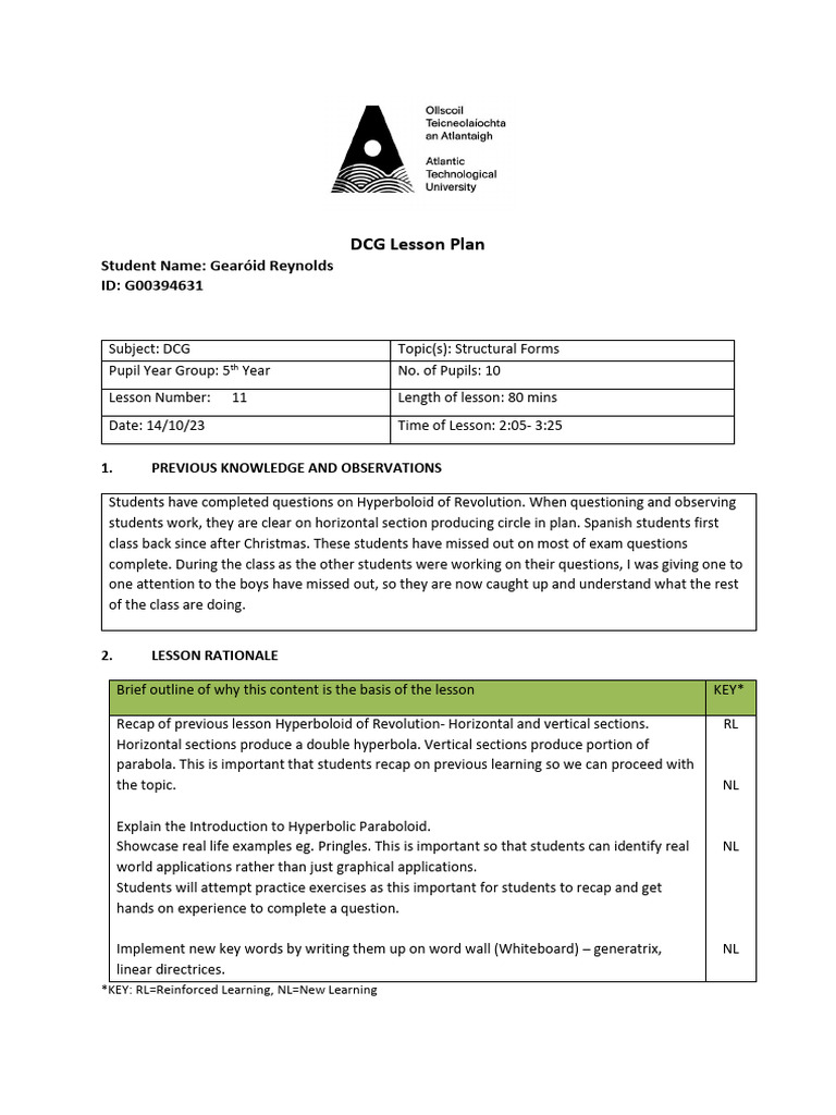 DCG Lesson Plan: Student Name: Gearóid Reynolds ID: G00394631 | PDF ...
