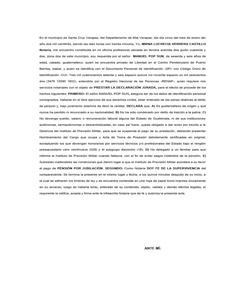 Acta Notarial de Pensión Por Jubilación Manuel Pop Sun 2023 | PDF | Guatemala