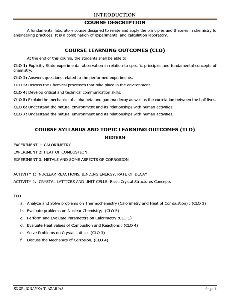 Introduction (Chemistry For Engineers Lab) | PDF | Chemistry | Experiment
