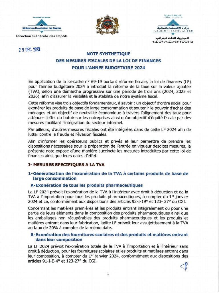 Note Synthetique Des Mesures Fiscales de La LF Pour L'année Budgetaire 2024 | PDF