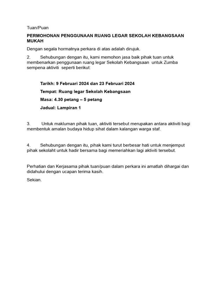 Permohonan Ruang Legar Zumba | PDF