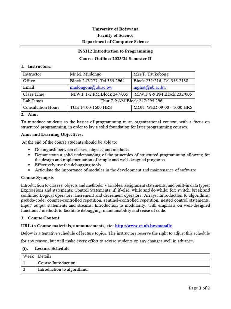 CS Programming Course Outline 2023/24 | PDF | Computer Programming ...