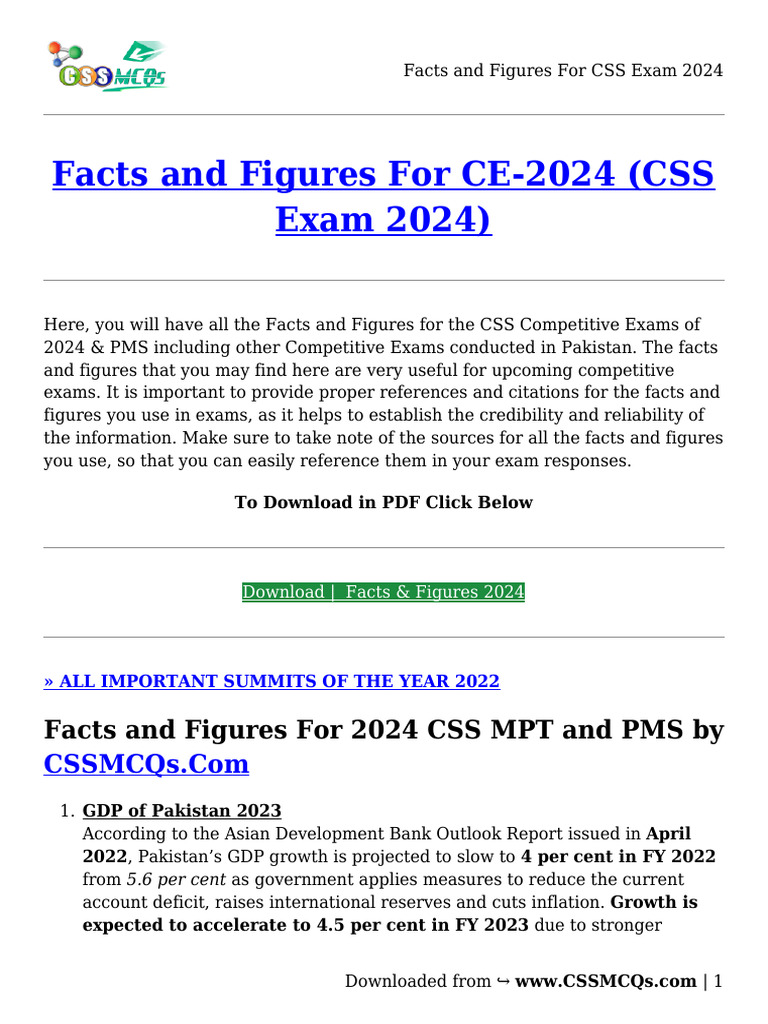 Facts and Figures For CSS Exam 2024 | Download Free PDF | Water ...
