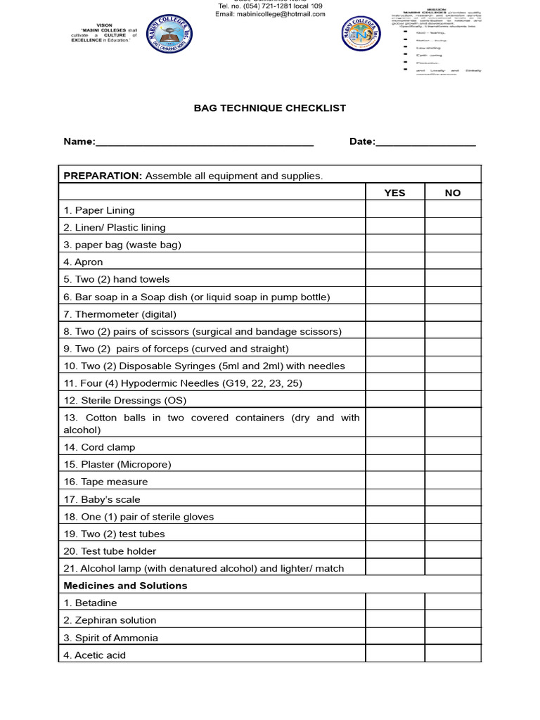 Bag Technique Checklist-1 | PDF | Hand Washing