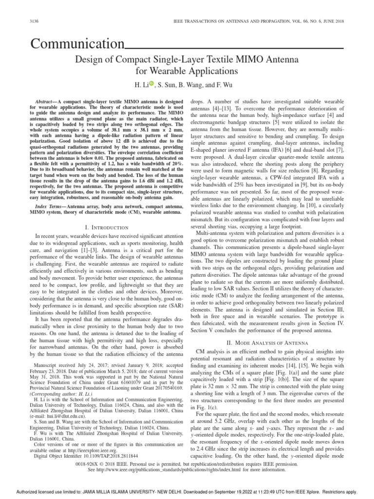Design of Compact Single-Layer Textile MIMO Antenna For Wearable ...