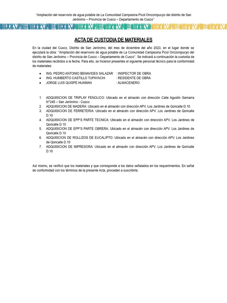 Acta de Custodia de Materiales | PDF