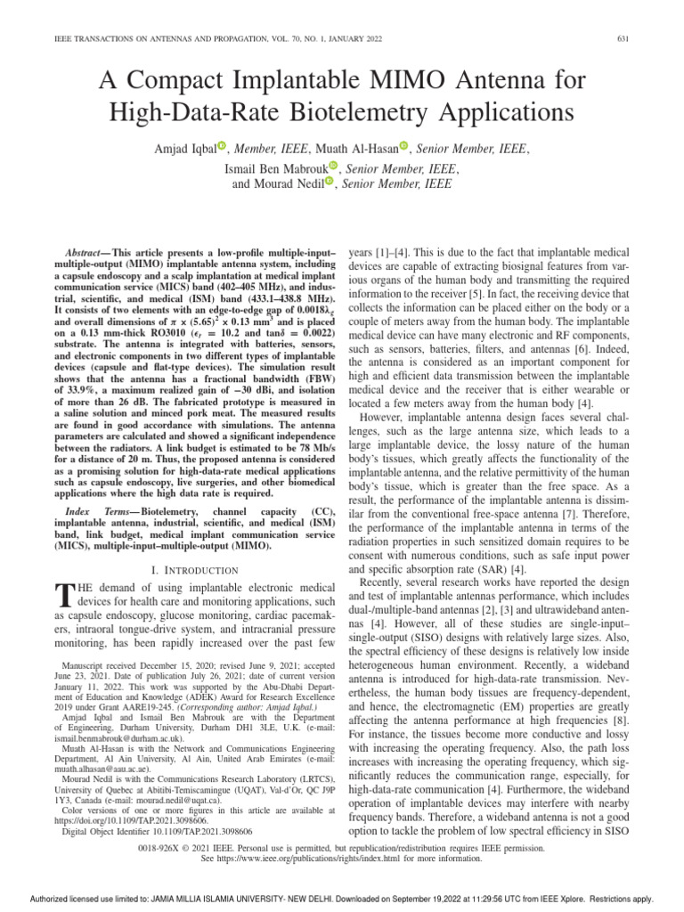A Compact Implantable MIMO Antenna For High-Data-Rate Biotelemetry Applications | PDF | Antenna ...