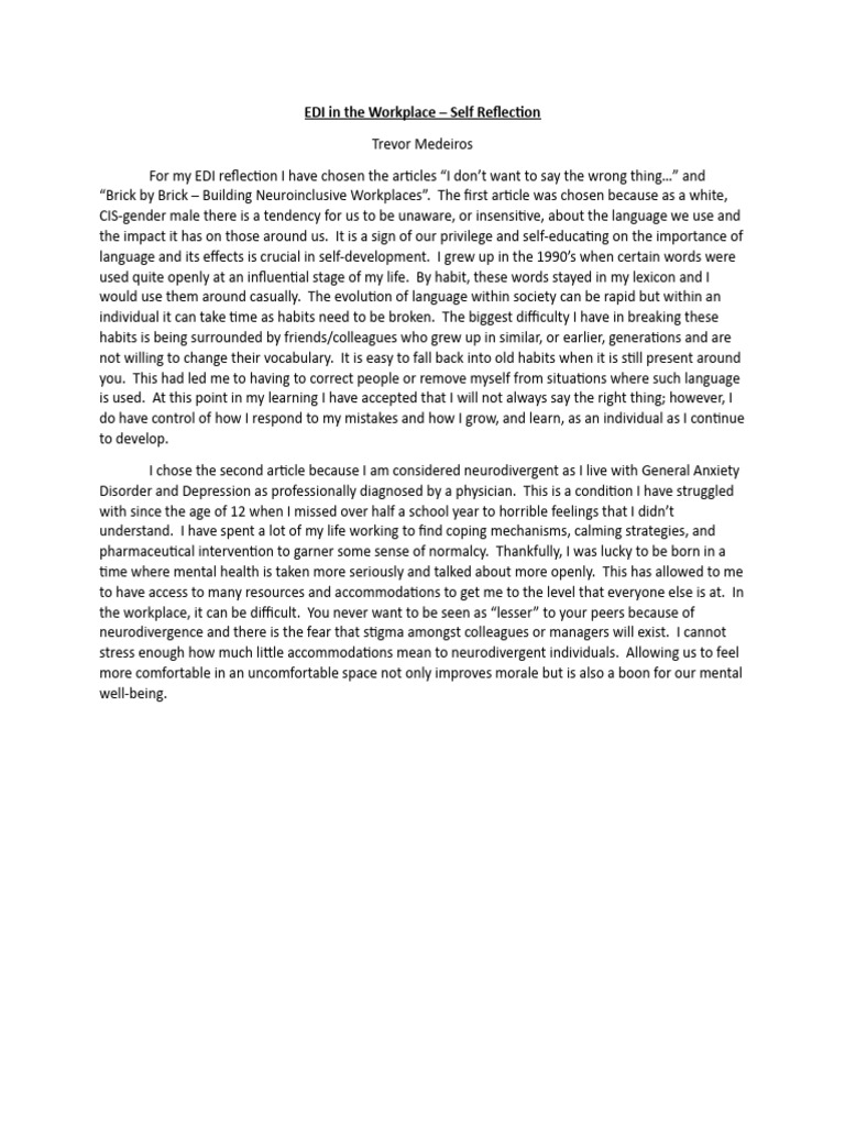 EDI in The Workplace - Reflection | PDF | Mental Health | Psychological ...