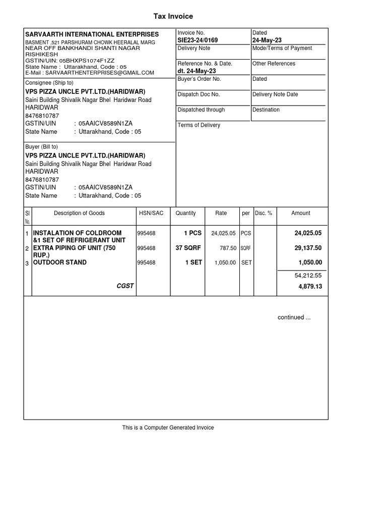 Tax Invoice: Sarvaarth International Enterprises SIE23-24/0169 24-May-23 | PDF | Government ...