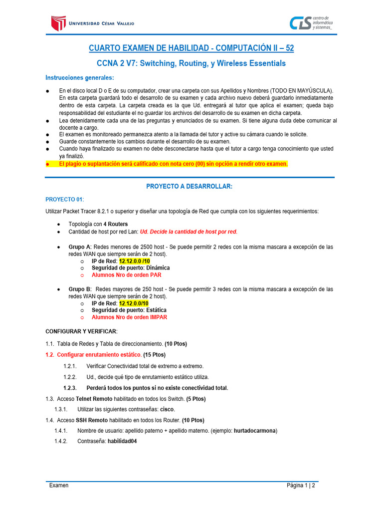 2024-00 Ene CII-52 CCNA2 - Cuarto Examen Habilidad | PDF | Enrutador ...