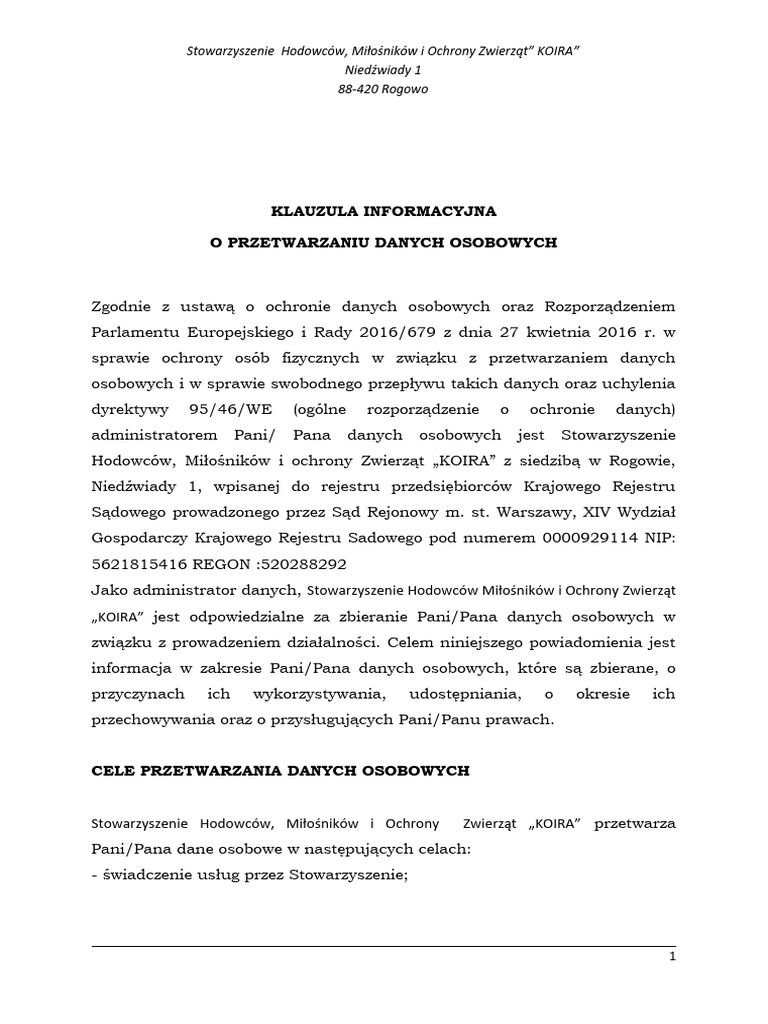 Klauzula Informacyjna - Rodo | PDF