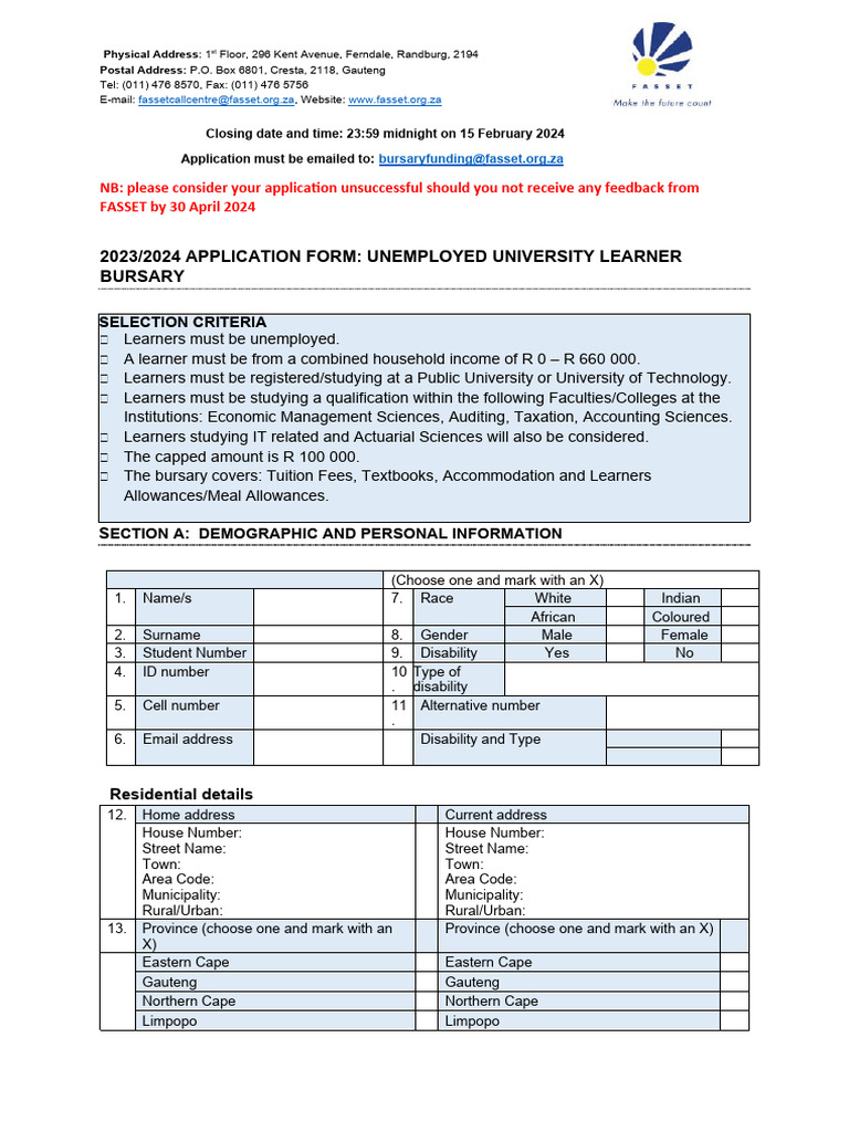 FASSET Bursary Application Form 2024 University or University of Technology | PDF | Academic Degree