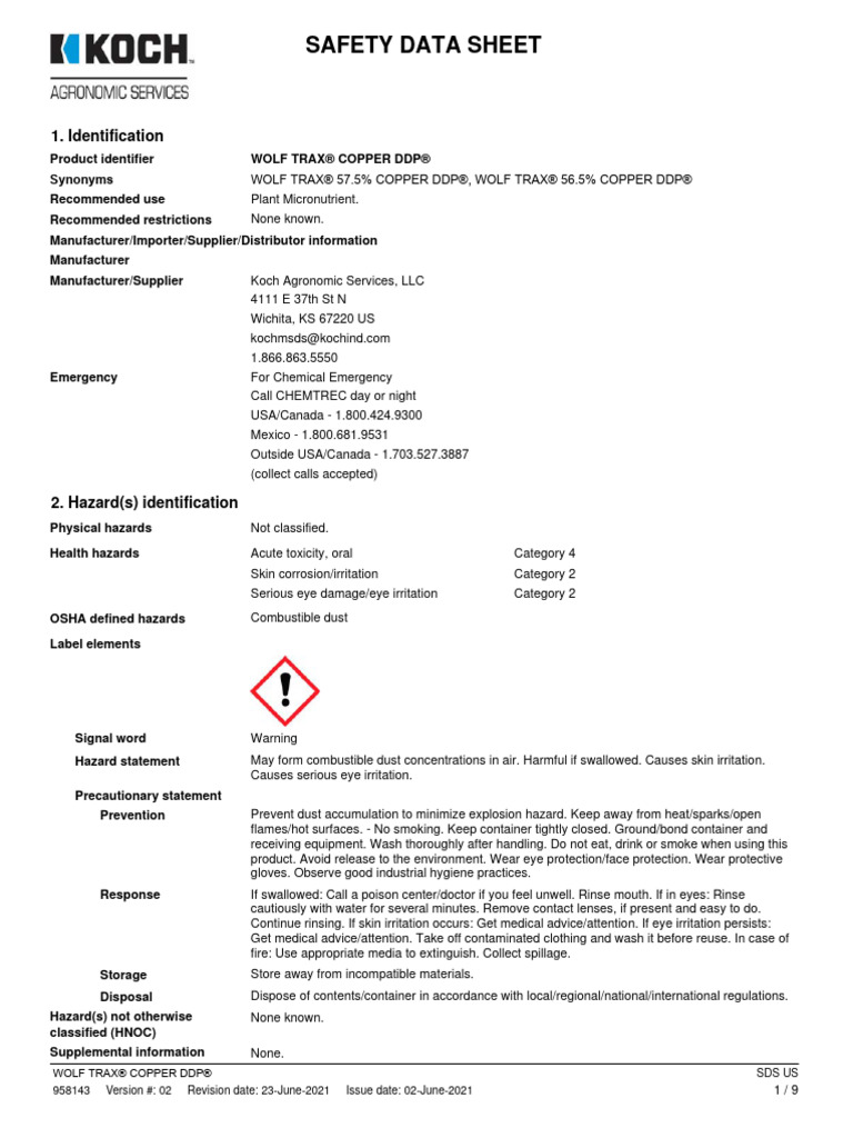 SDS-Copper Zinc Catalyst - WOLF TRAX - Copper - KOCH Agronomic Services US-CAN 2021-0602 | PDF ...