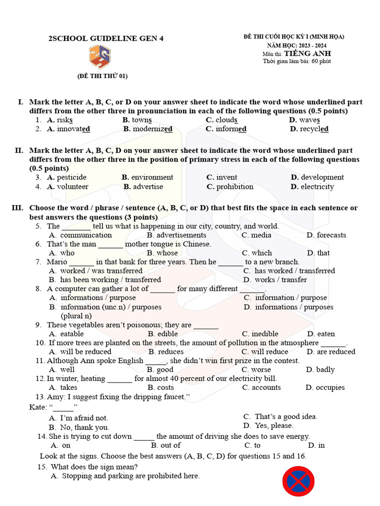 (2SG GEN 4 - ANH KC) ĐỀ MINH HỌA CHK1 | Download Free PDF | Japan | English Language