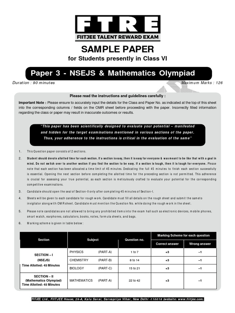 Ftre 2023 Sample Paper Class Vi p3 Nsejs & Mo | PDF | Leaf | Area