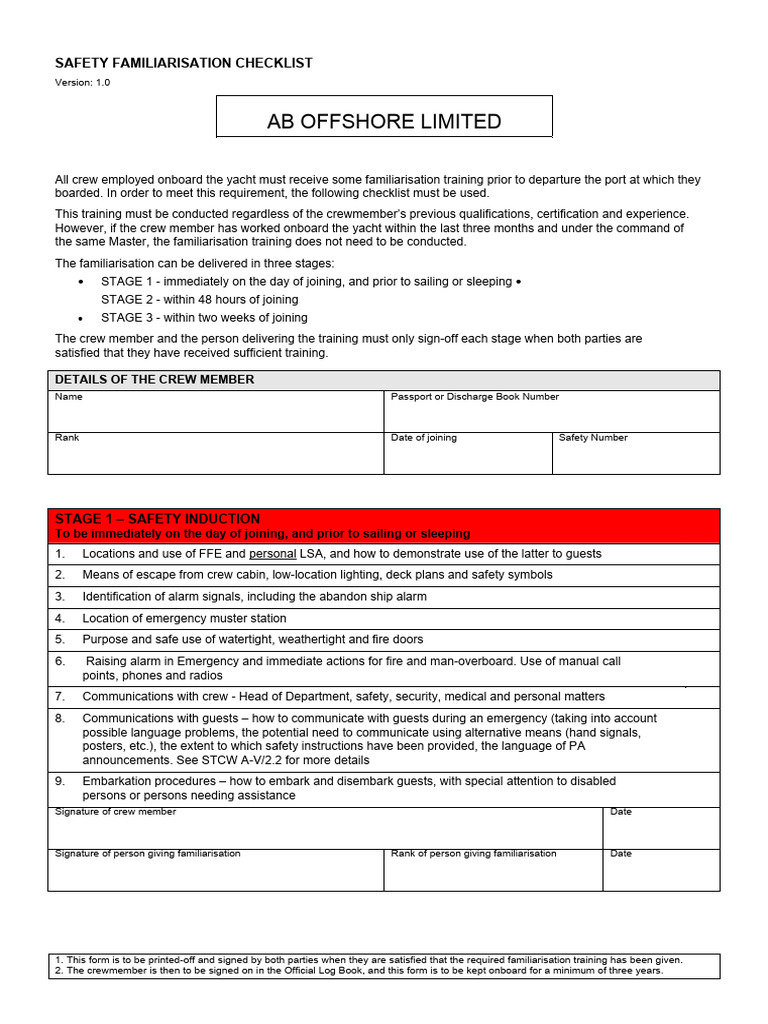 Safety Familiarisation Checklist | PDF