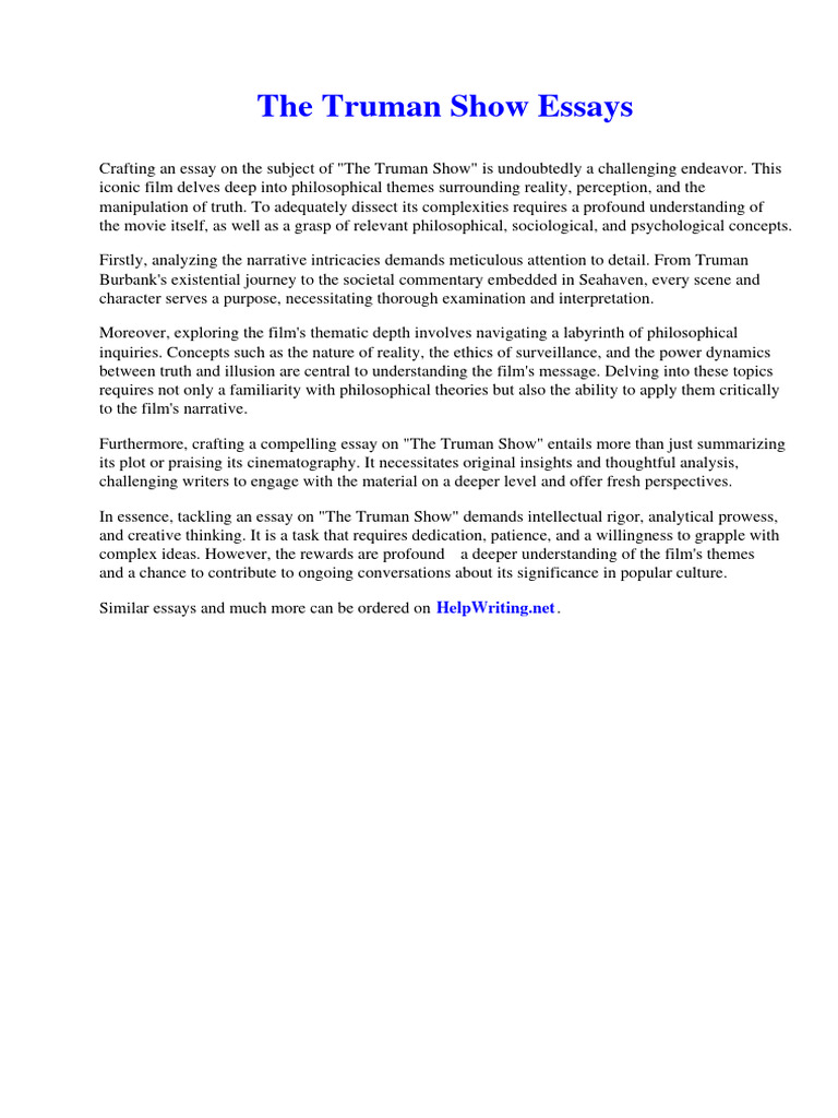The Truman Show Essays | Download Free PDF | Miranda Warning | Urinary ...