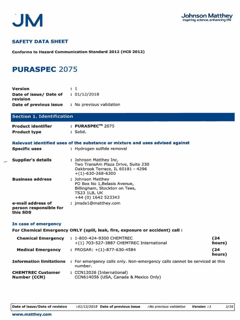 SDS-Copper Carbonate - Hydroxide Catalyst - Puraspec 2075-Johnson ...