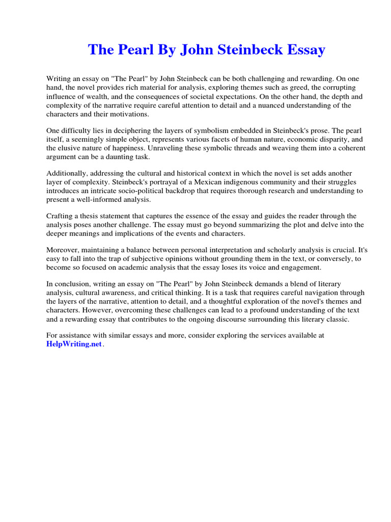 The Pearl by John Steinbeck Essay | PDF | Essays | Narrative