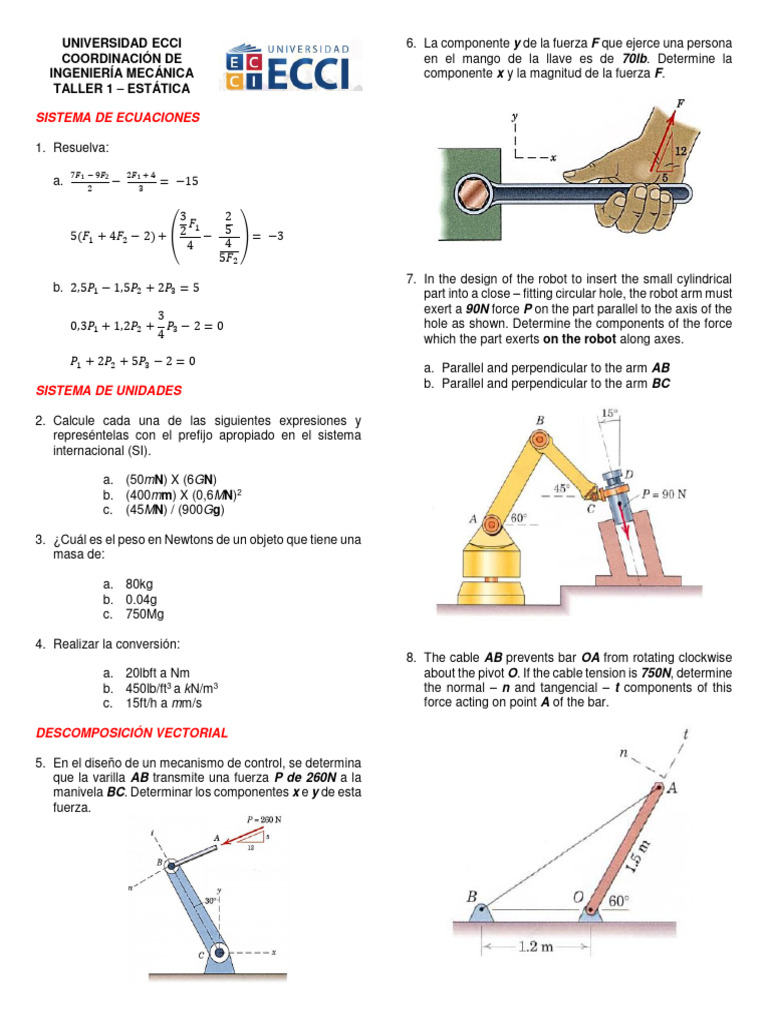 Primer Taller de Estática | PDF | Vector Euclidiano | Fuerza