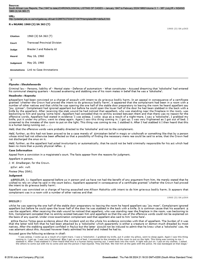 R v Ngang: Automatism Defense in Assault | PDF | Assault | Burden Of ...