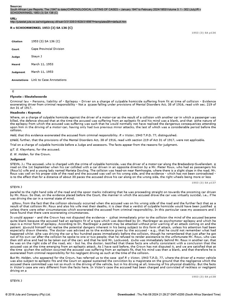 R V SCHOONWINKEL 1953 (3) SA 136 (C) | PDF | Epilepsy | Criminal Justice