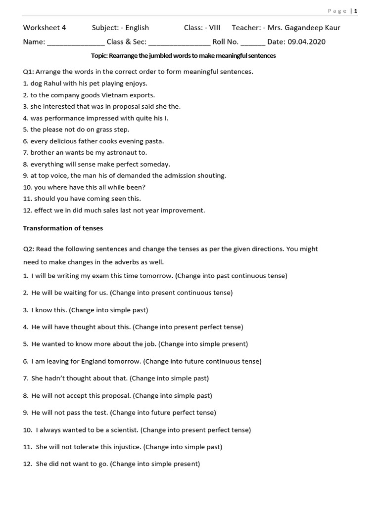 Worksheet 4 Subject: - English Class: - VIII Teacher: - Mrs. Gagandeep Kaur Name: - Class & Sec ...