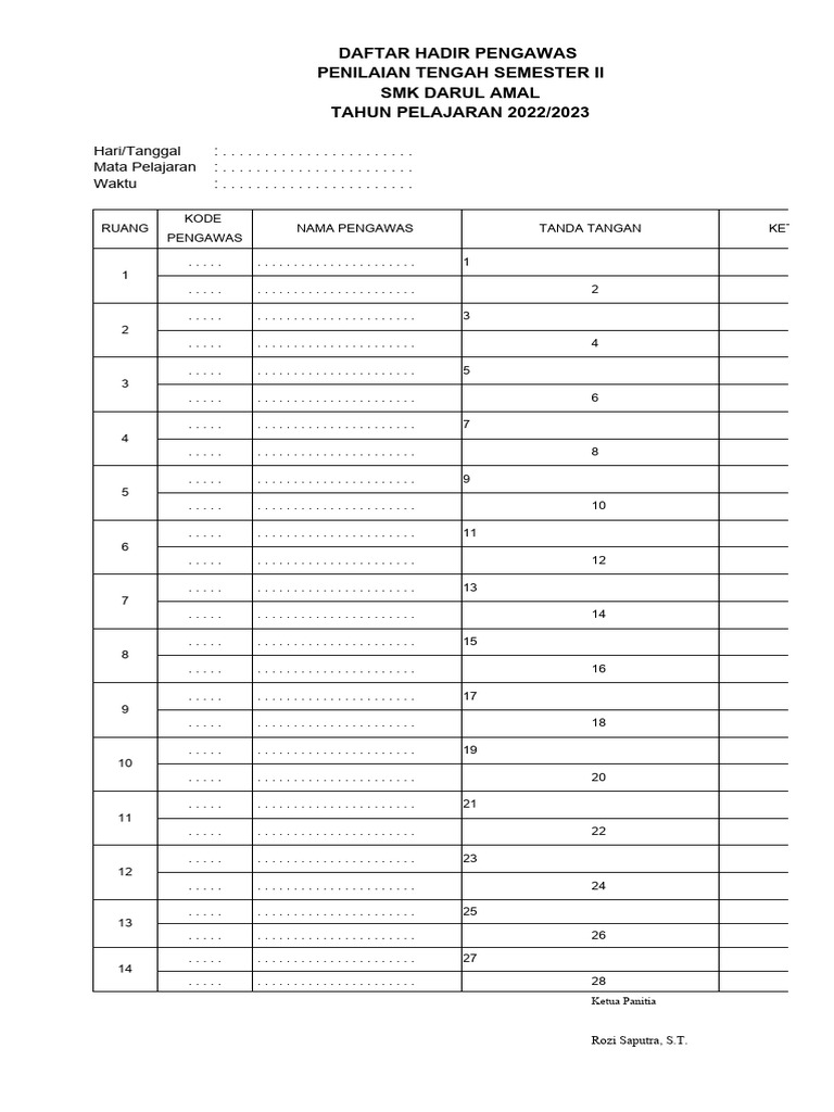Daftar Hadir Pengawas PTS SMK 2023 | PDF