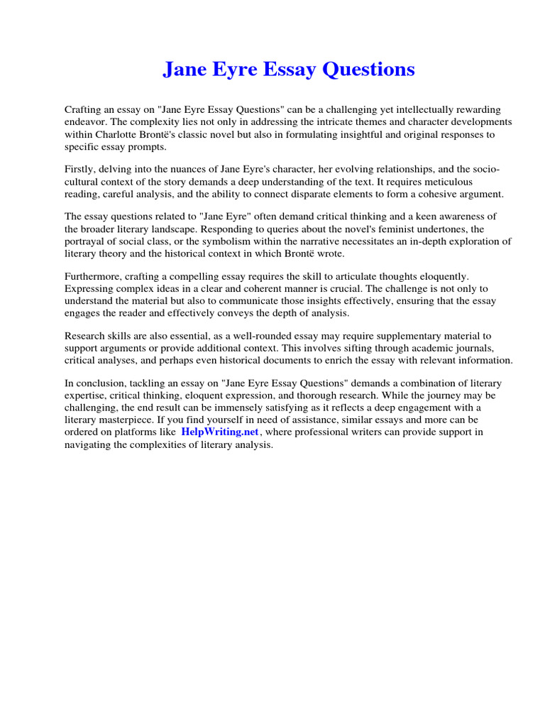 Jane Eyre Essay Questions | PDF | Essays | Critical Thinking